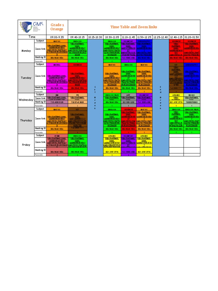 Grade - 1 Orange - Time - Table and Zom Links | PDF