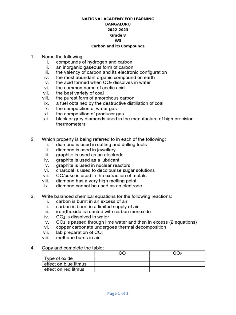 Class 8 Carbon Compounds Worksheet | PDF | Carbon | Carbon Dioxide