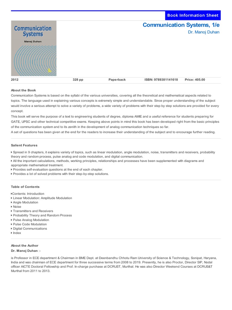 Communication Systems, 1/e: Book Information Sheet Book Information ...