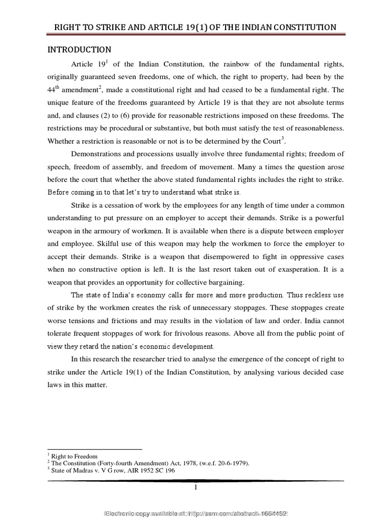 Right To Strike and Article 19 (1) of The Indian Constitution | PDF ...