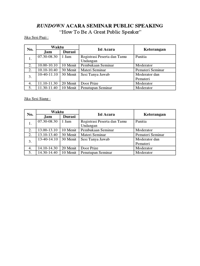 Contoh Rundown Acara Seminar Public Speaking | PDF | Karier & Perkembangan