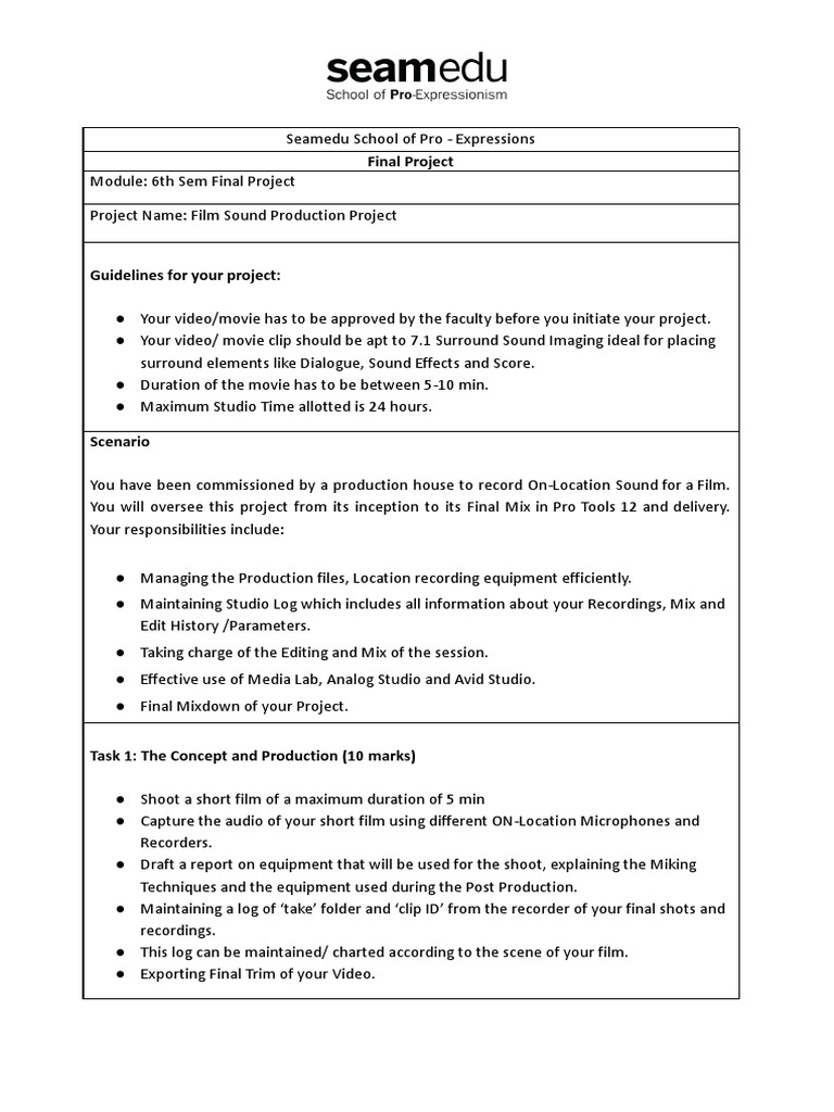 Film Sound Production Project Guidelines | PDF | Sound Technology ...