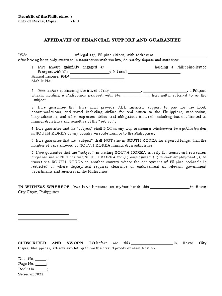 Affidavit of Financial Support Korea | PDF