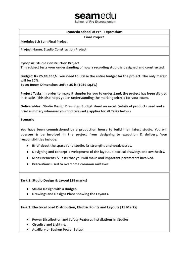 Studio Construction Project Brief | PDF | Drawing | Studio