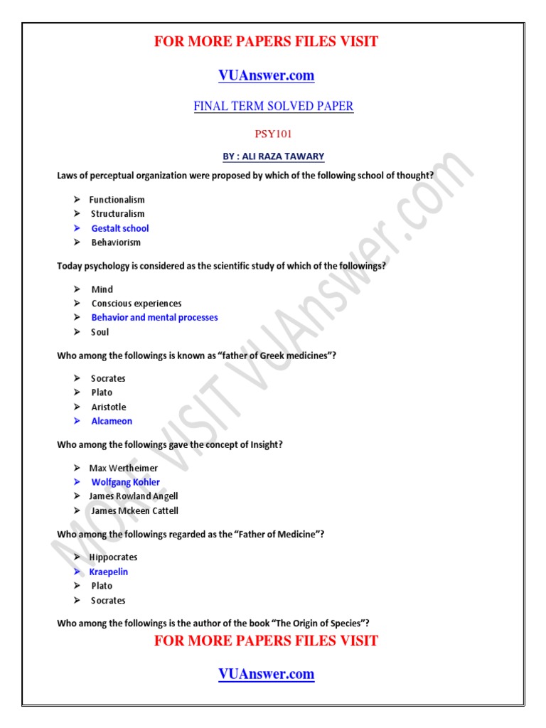 PSY101 Final Term Solved Paper by Ali Raza Tawary | PDF | Psychology ... PSY101 Final Term Solved Paper by Ali Raza Tawary | PDF | Psychology ...