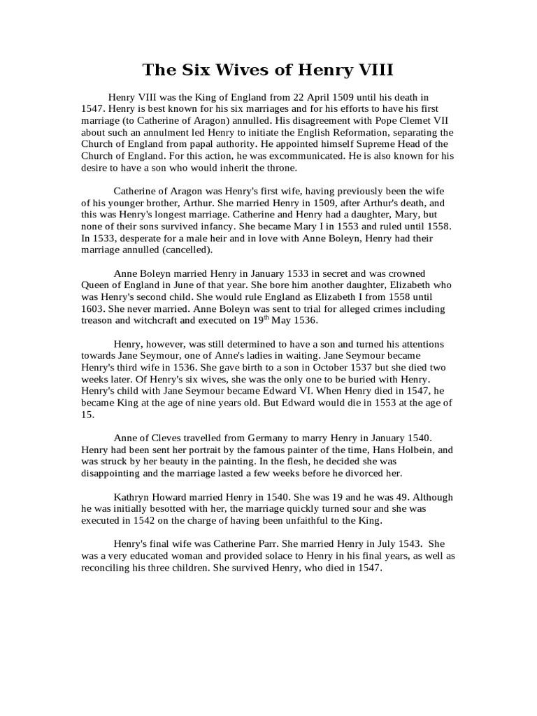 The Six Wives of Henry Viii - Summary Activity | PDF | Anne Boleyn ...