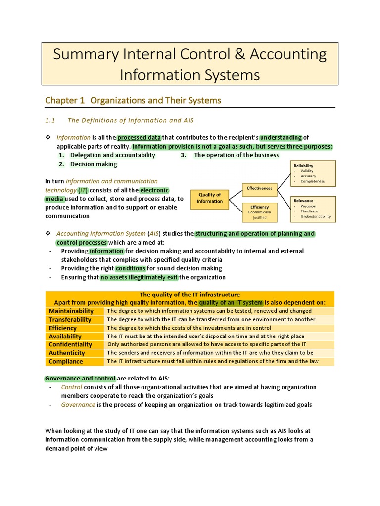 Complete Summary Internal Control and Accounting Information Systems | PDF | Internal Control ...