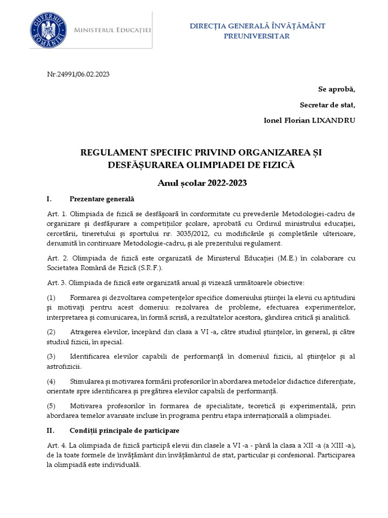 Regulament Specific Olimpiada Fizică 2023 | PDF