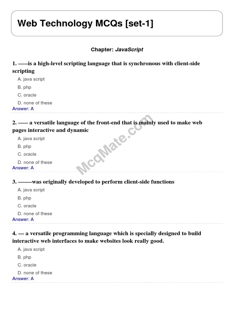 Web Technology (Chapter - JavaScript) Solved MCQs (Set-1) | PDF | Java Script | Dynamic Web Page