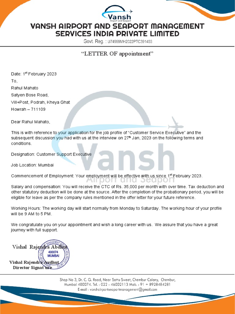 "LETTER OF Appointment": Vishal Rajendra Abdhut | PDF