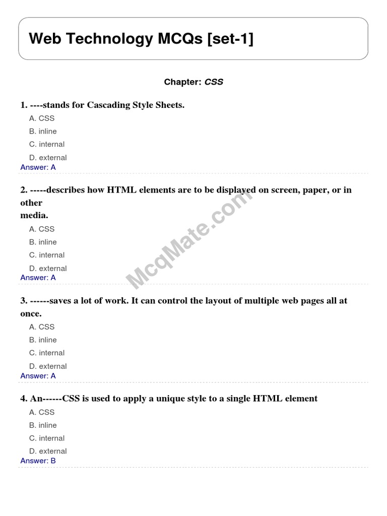 Web Technology (Chapter - CSS) Solved MCQs (Set-1) | PDF | Software Engineering | Design