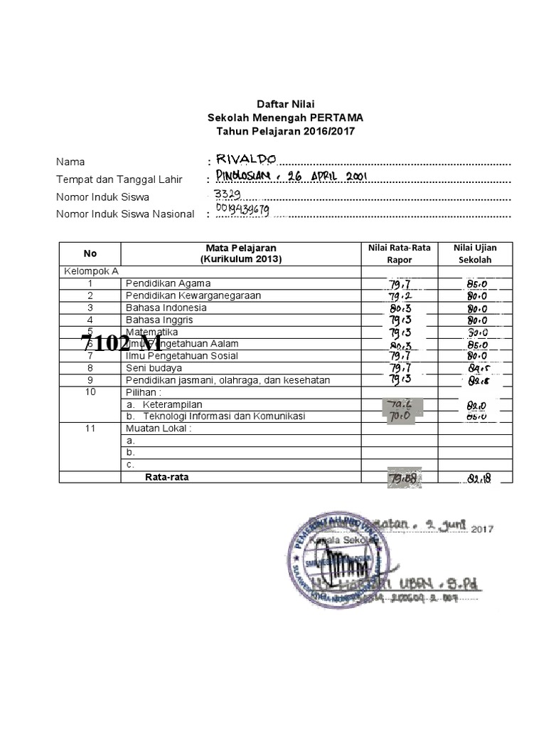 Daftar Nilai Ijazah SMP Abang Rey Inkado Makassar | PDF