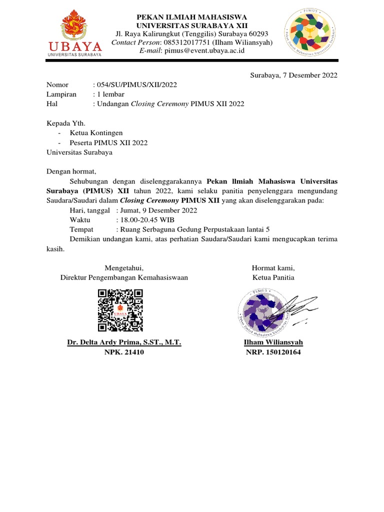 Surat Undangan Closing Ceremony Kontigen Dan Peserta PIMUS XII | PDF