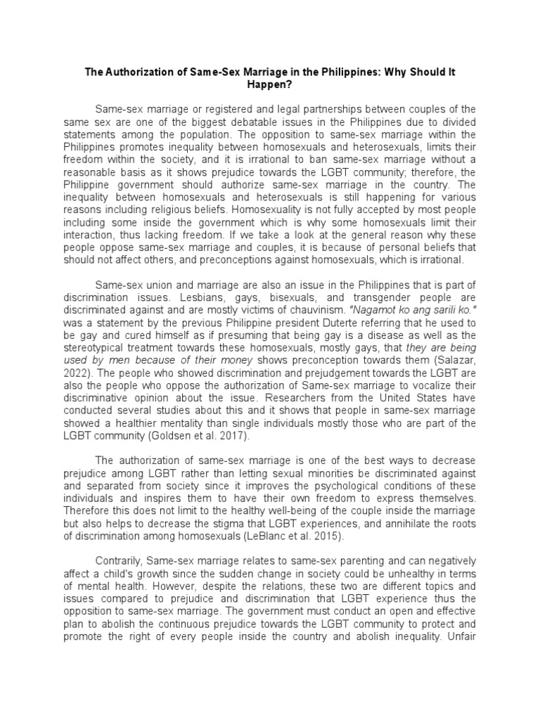The Authorization Of Same Sex Marriage In The Philippines Why Should