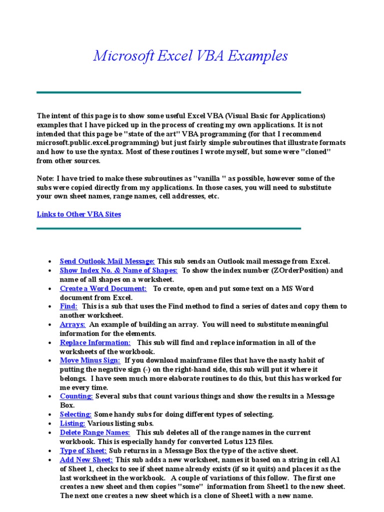 Microsoft Excel Vba Examples Pdf Visual Basic For Applications