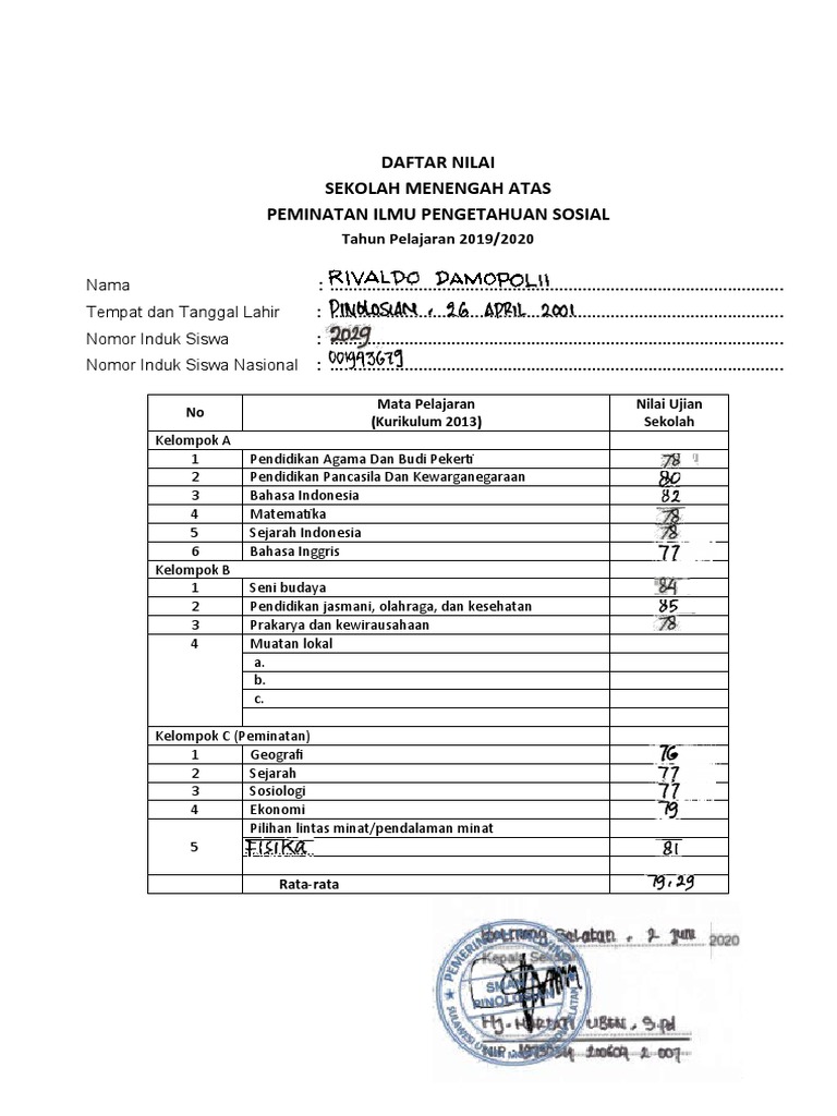 Daftar Nilai Ijazah Abang Rey Inkado Makassar | PDF