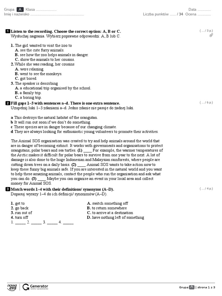 Unit 4 Test B Test (Z Widoczną Punktacją) 7-8kl | PDF | Organisms