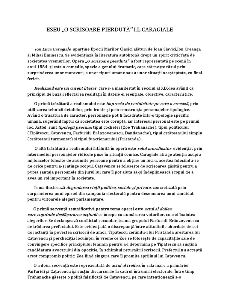 Eseu O Scrisoarea Pierduta" | PDF