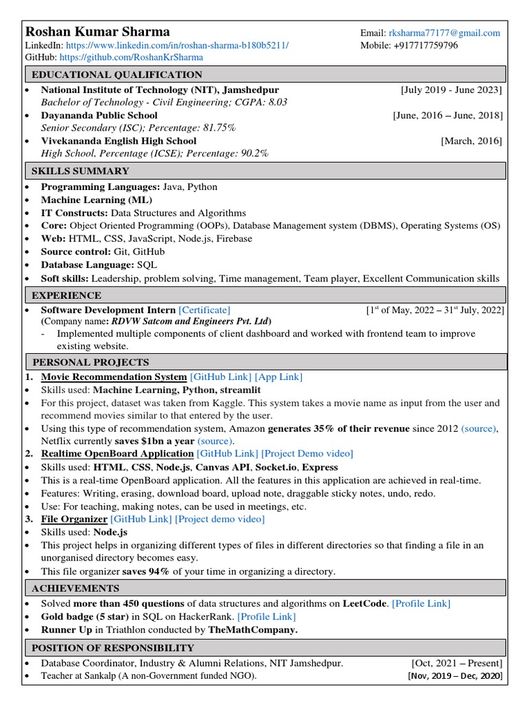 Resume - Roshan Kumar Sharma | PDF | Databases | Machine Learning