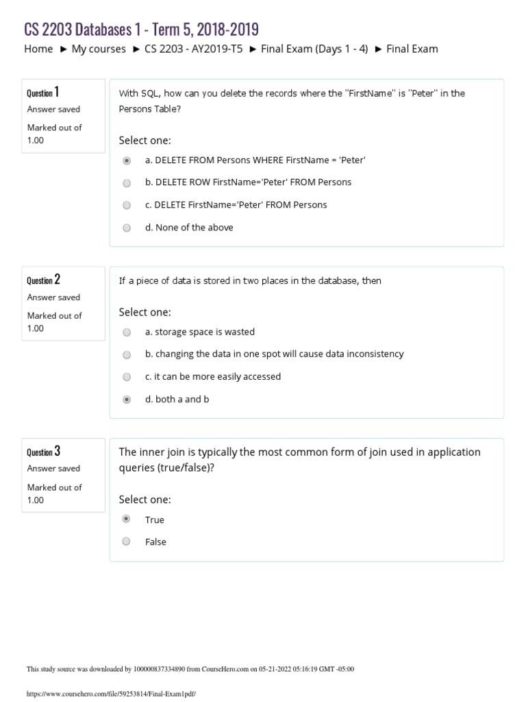 A Concise Summary of a Database Course Final Exam Assessing Students ... A Concise Summary of a Database Course Final Exam Assessing Students ...