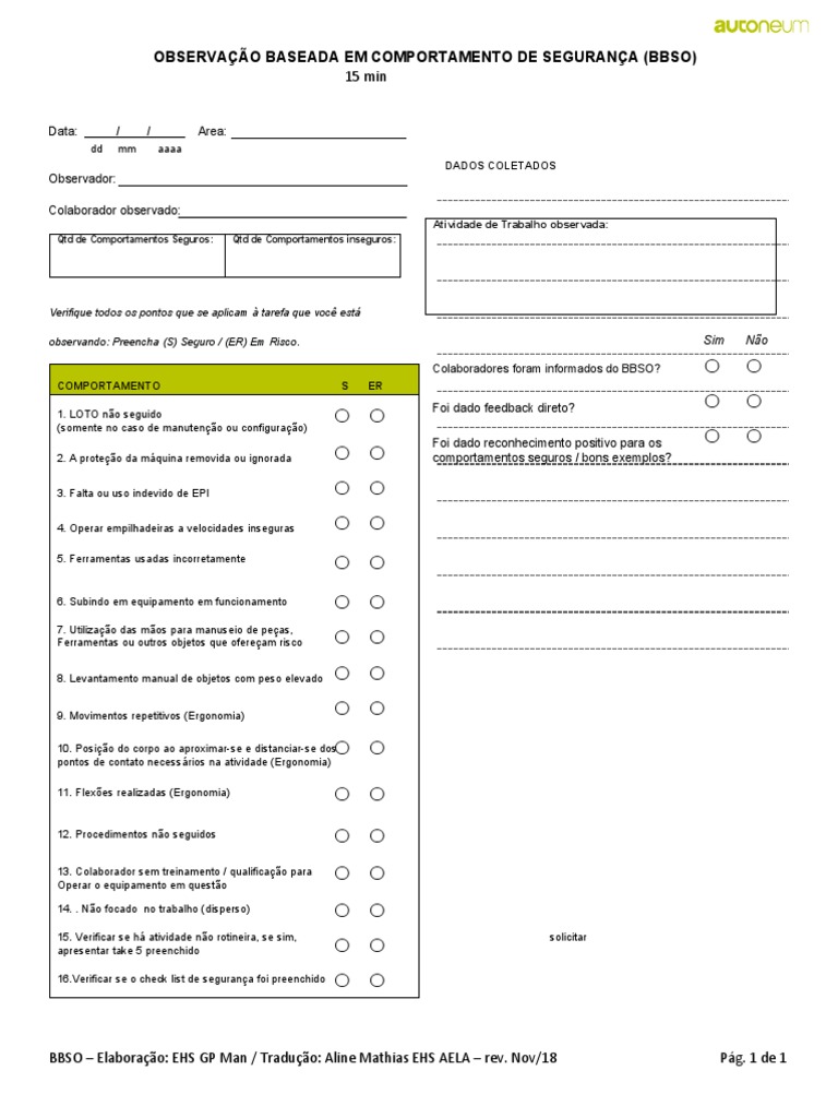 2 - Formulário BBSO - Comportamento Seguro. | PDF | Fatores humanos e ...
