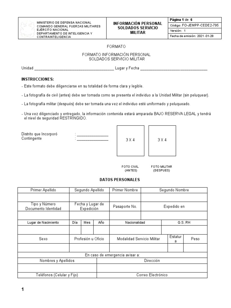 Formato Información Personal Soldados Servicio Militar | PDF | Militar ...