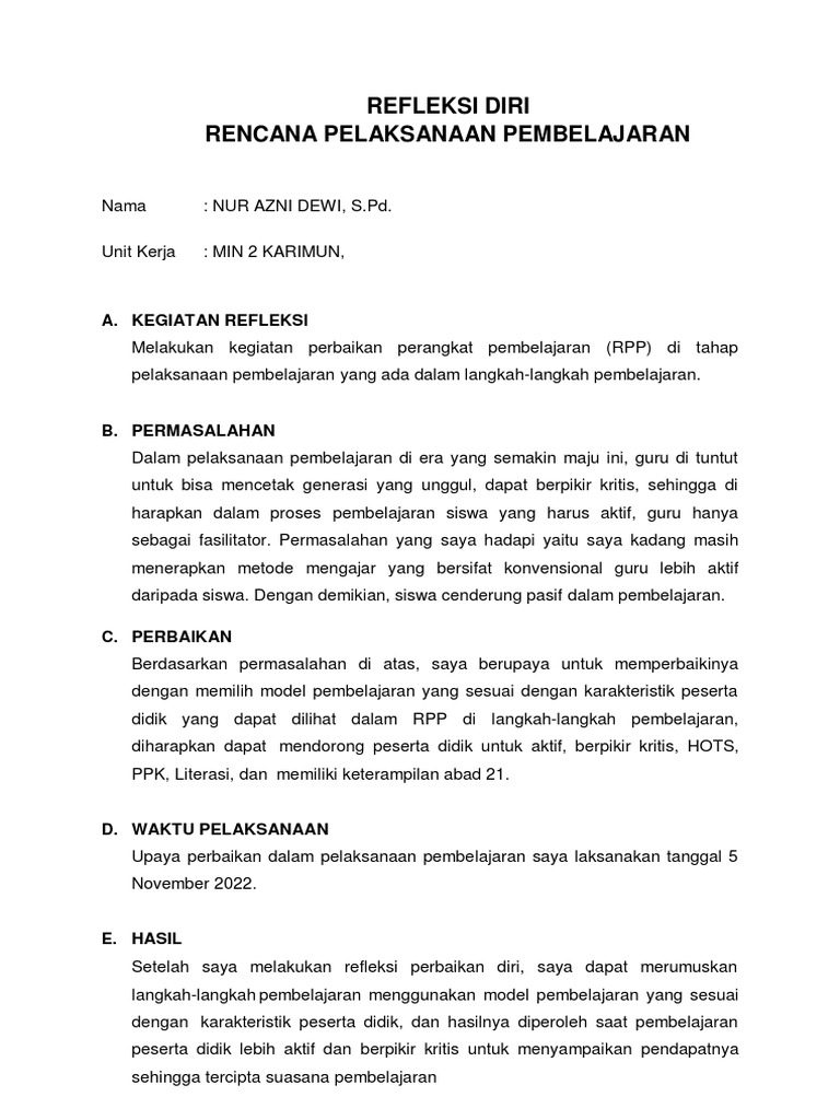 Refleksi Diri - RPP | PDF | Karier & Perkembangan