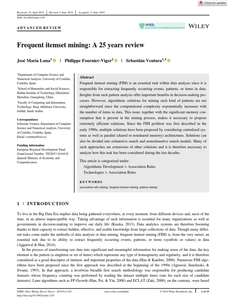 Frequent Itemset Mining A 25 Years Review 2019 Pdf Map Reduce Computer Programming