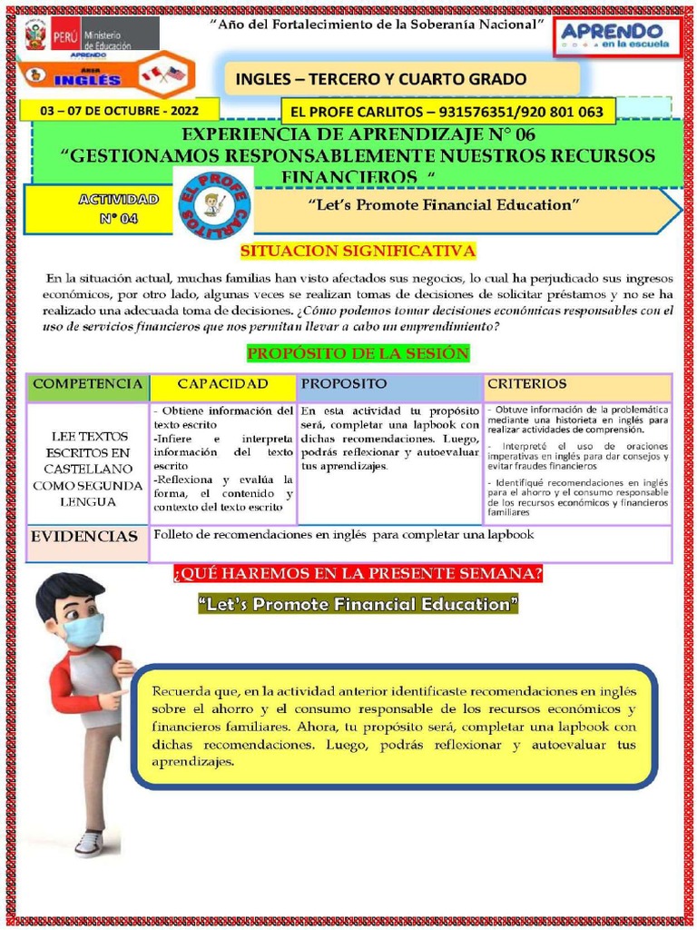 Experiencia de Aprendizaje #06 - Actividad 04 - 3ero y 4to - Ingles - 00001 | PDF
