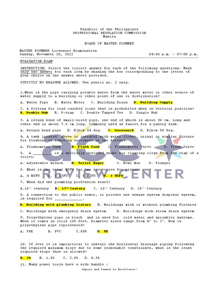 PLUMBING CODE Answer-Key | PDF | Plumbing | Pipe (Fluid Conveyance)