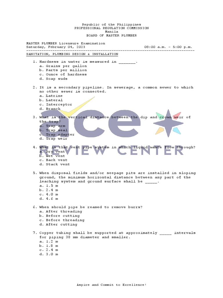 SPDI Feb 2023 Final Mock Questionaire | PDF | Plumbing | Water
