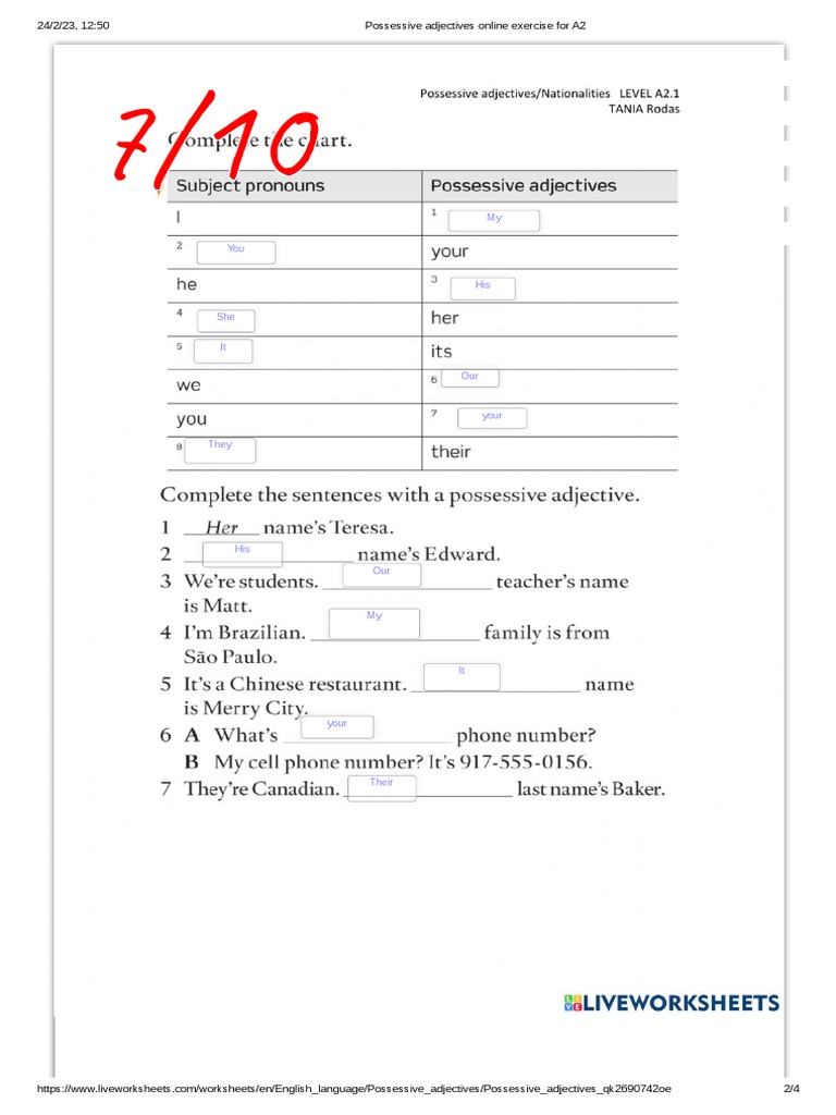 Possessive Adjectives Online Exercise For A2 | PDF