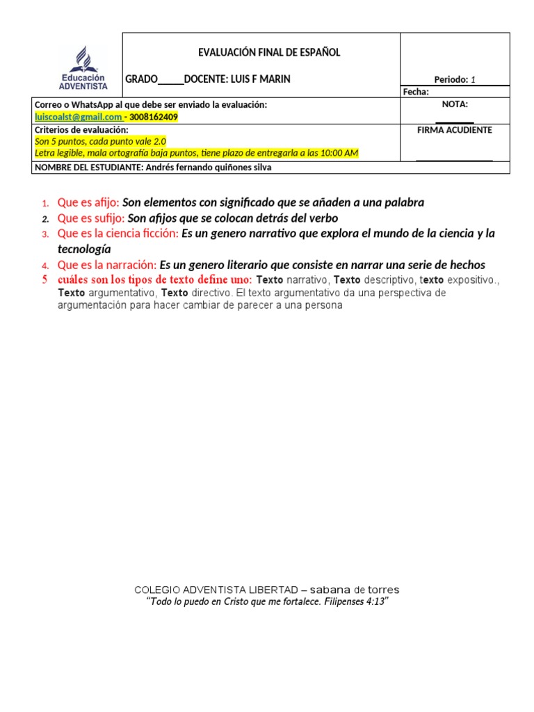 Evaluación Final de Español 1° Grado | PDF