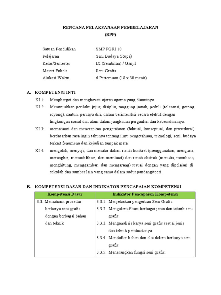 RPP SENI BUDAYA Seni Grafis Kelas 9 | PDF