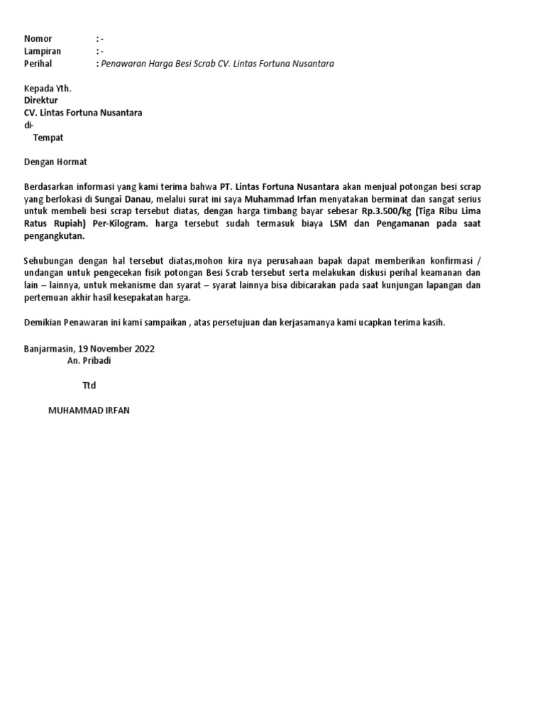 Contoh Surat Penawaran Pembelian Besi Scrap | PDF
