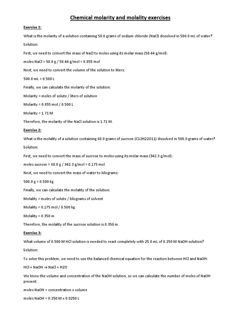 Chemical Molarity and Molality Exercises | PDF | Mole (Unit) | Molar ...