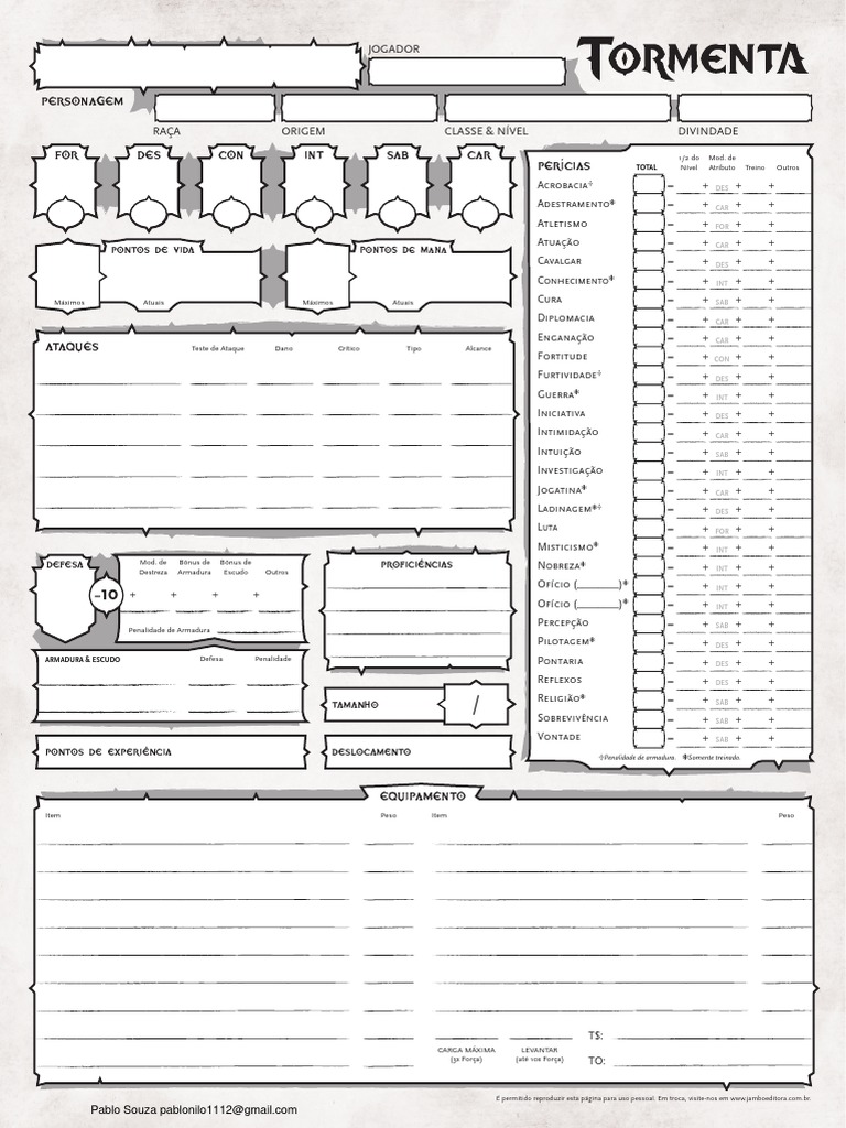 Ficha de Personagem (Preto e Branco) - Tormenta 20 | PDF
