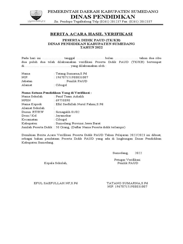 TAAM Berita Acara Verifikasi Peserta Didik 2023 | PDF