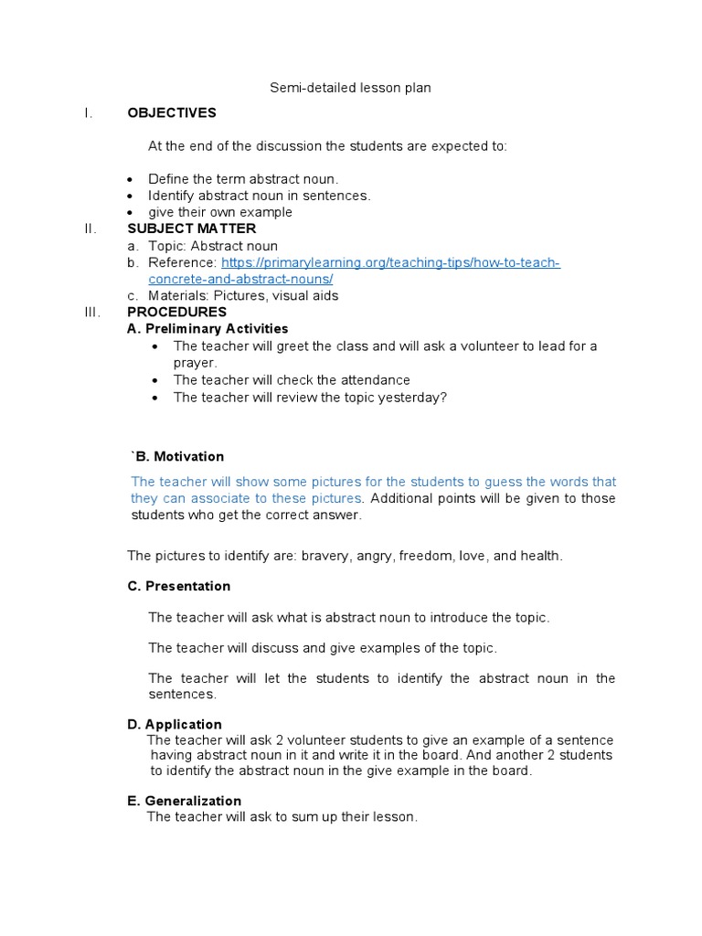 Semi - Detailed LESSON PLAN JAMES ABSTRACT NOUN | PDF | Teachers | Noun