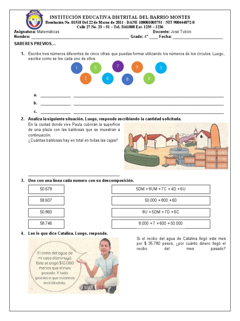 Prueba Diagnóstica Cuarto Grado Matemáticas | PDF Prueba Diagnóstica Cuarto Grado Matemáticas | PDF