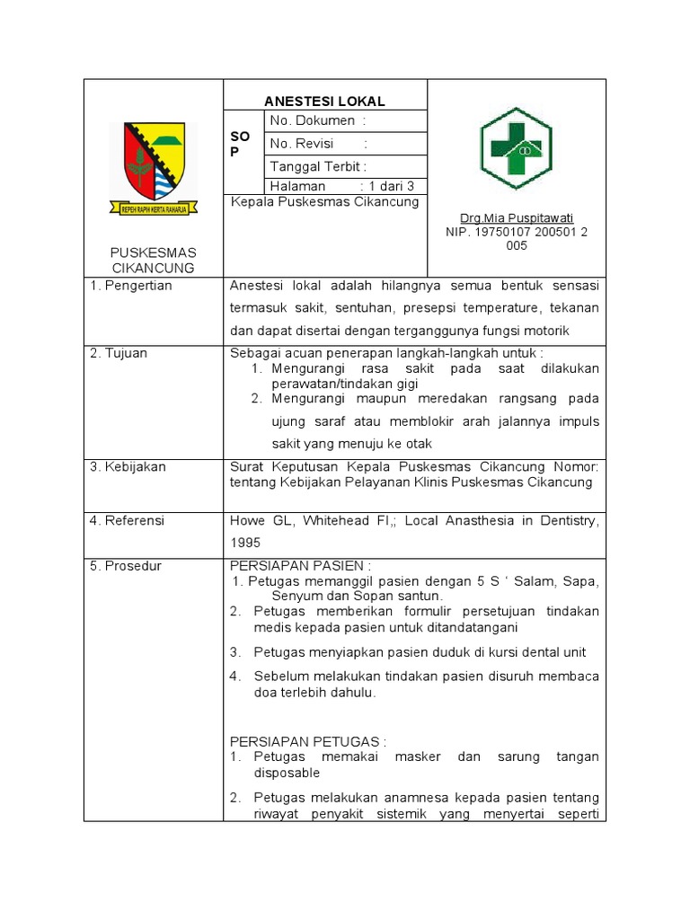 Sop Anastesi Lokal Gigi | PDF