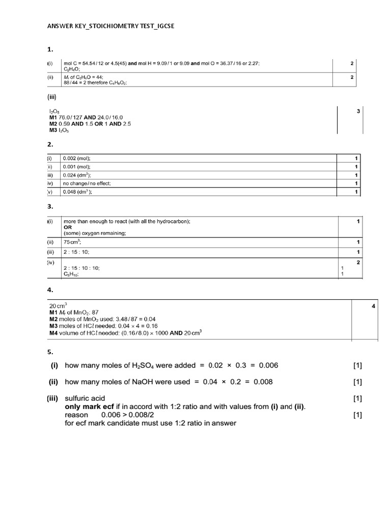 Answer Key - Stoichiometry Test - Igcse - Chemistry | PDF