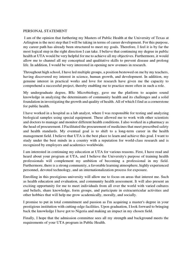 UTA MPH Personal Statement Example | PDF | Public Health | Cognition