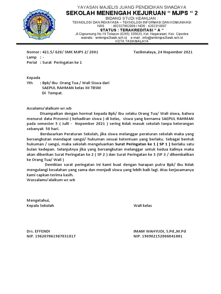 Surat Peringatan Siswa | PDF
