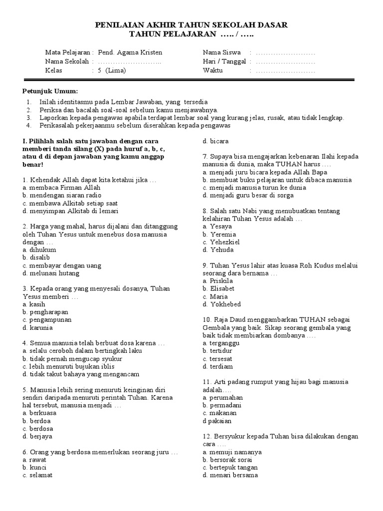 Soal Agama Kristen Kelas 5 Semester 2 | PDF | Agama & Spiritualitas