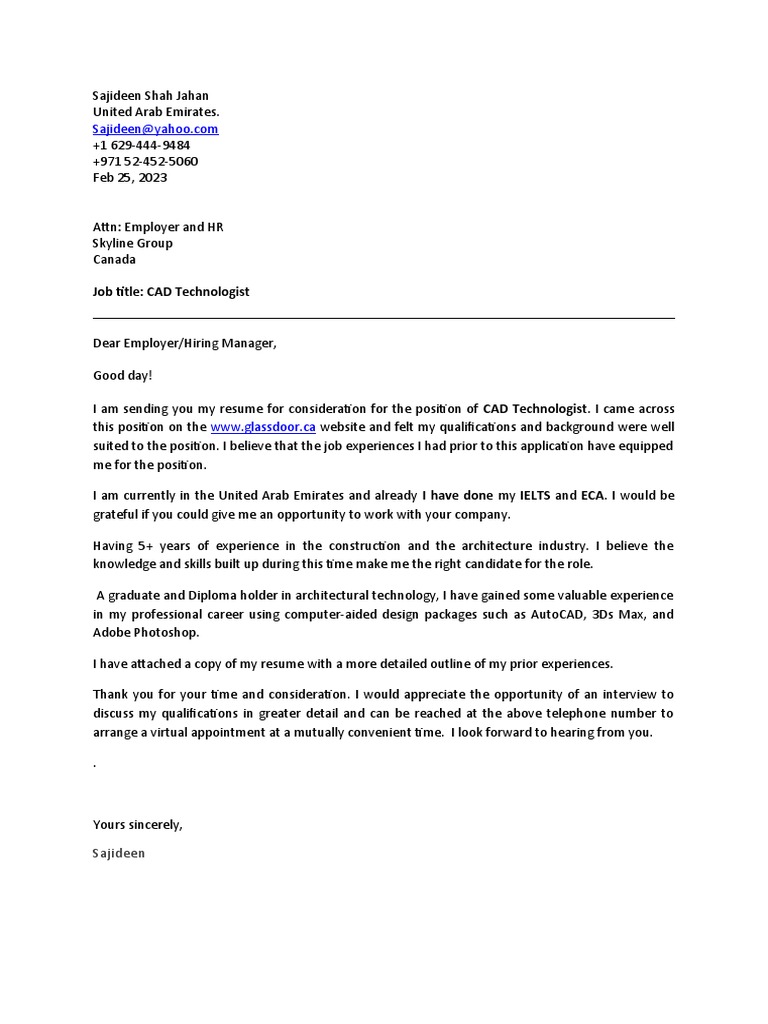 Cover Letter - Sajideen - Design & Drafting Technologis | PDF