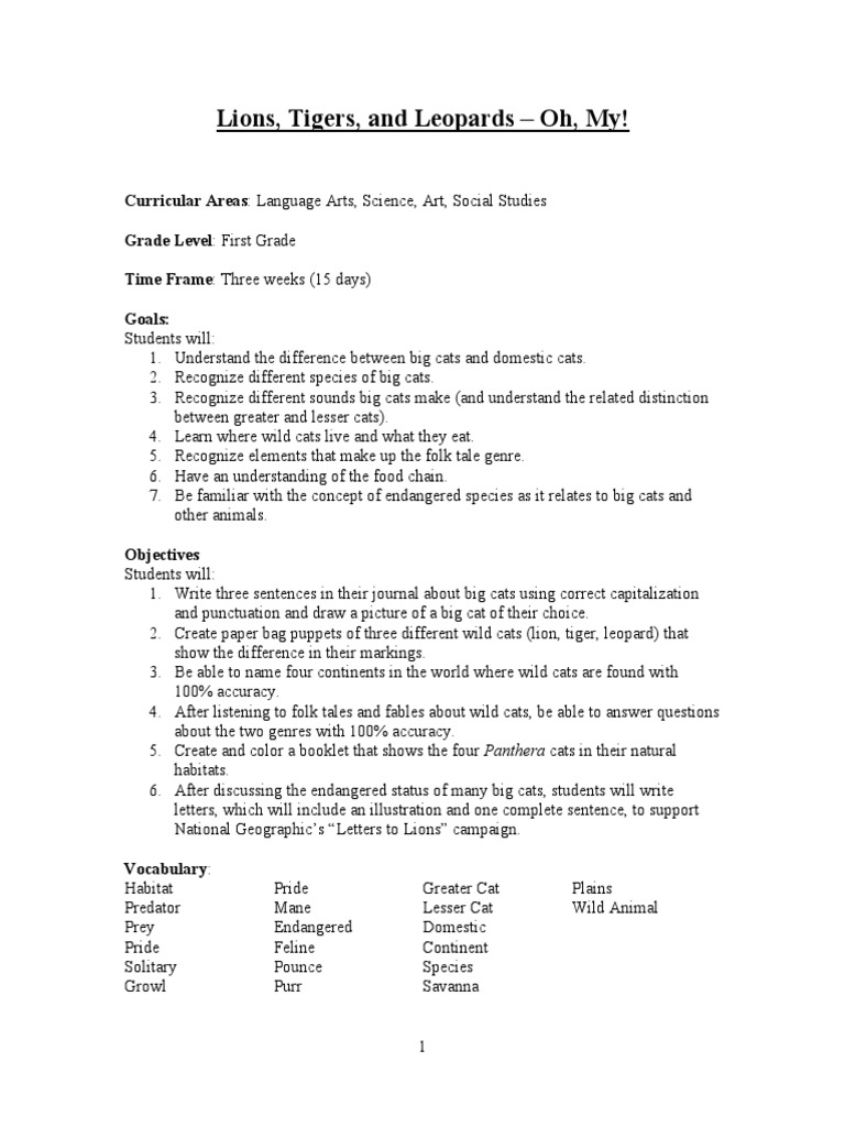 Lesson Plan - Big Cats | PDF | Reading Comprehension | Cats