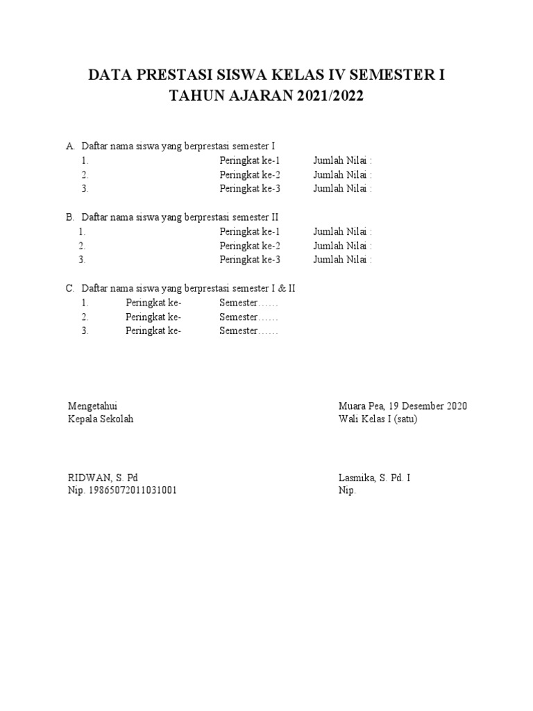 Data Prestasi Siswa Kelas Iv Semester I Tahun Ajaran 202122 | PDF
