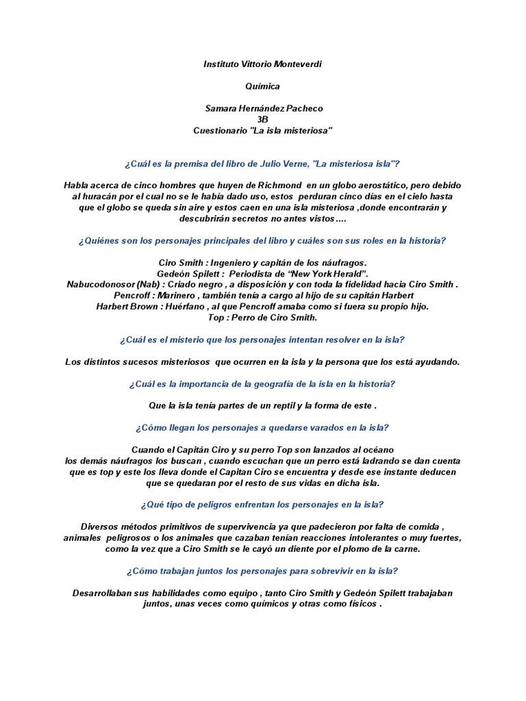 Cuestionario La Isla Misteriosa | PDF | La isla misteriosa
