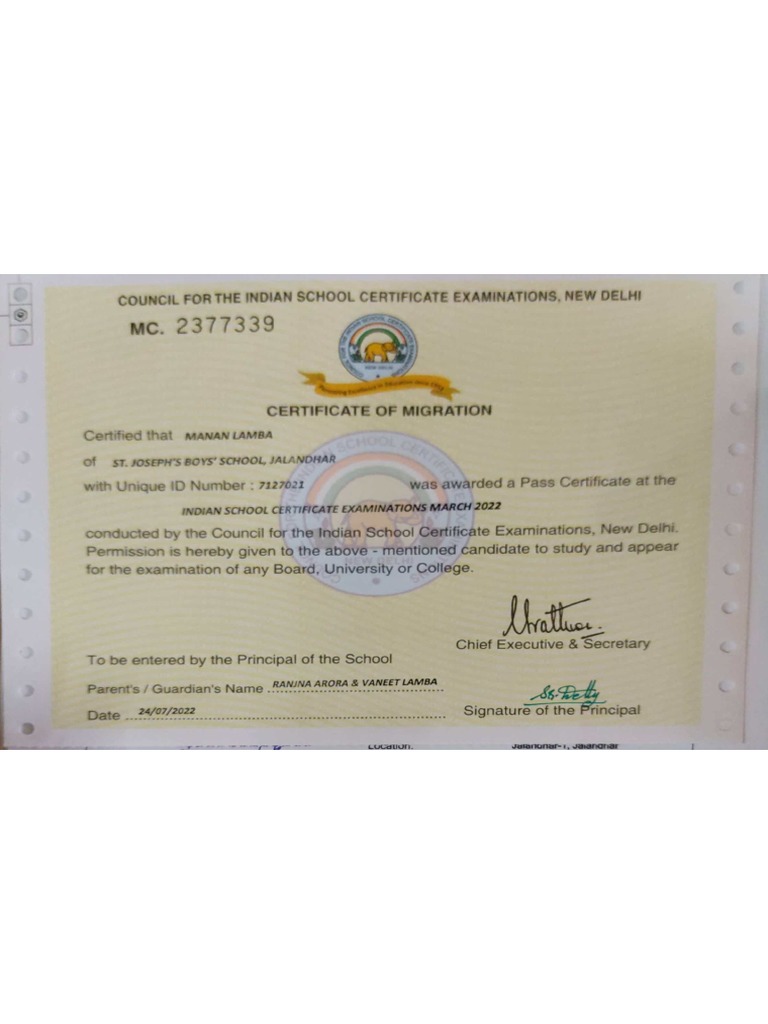 Migration Certificate | PDF Migration Certificate | PDF